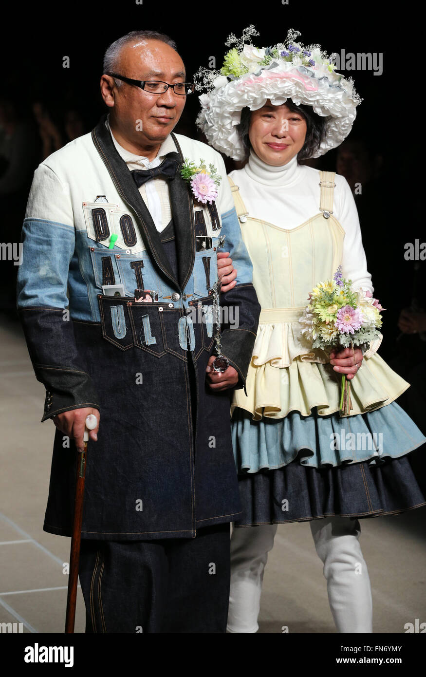 Tokyo, Japan. 14th Mar, 2016. Models display creations designed by ha ...