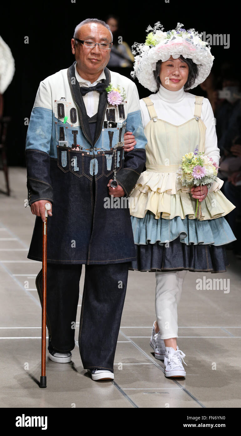 Tokyo, Japan. 14th Mar, 2016. Models display creations designed by ha ...
