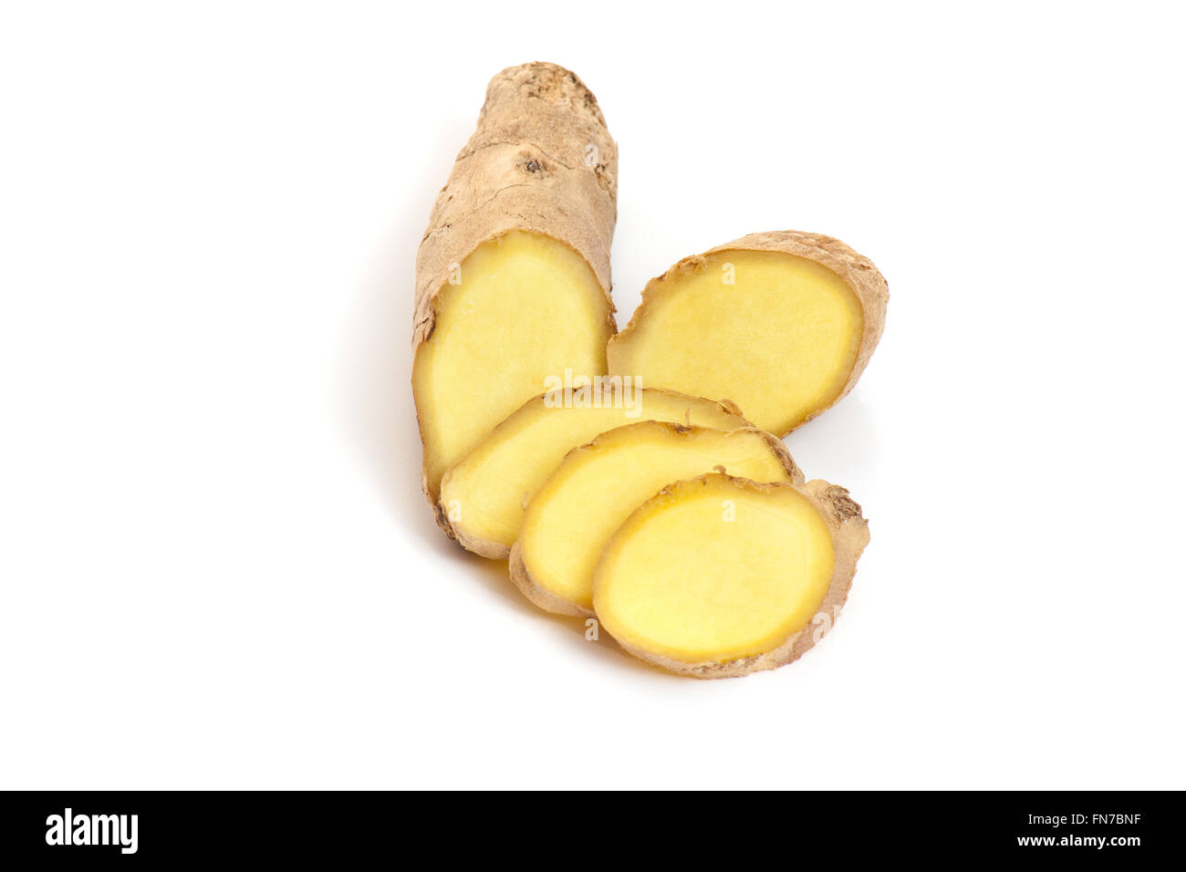 Fine sliced ginger root. All on white background Stock Photo - Alamy