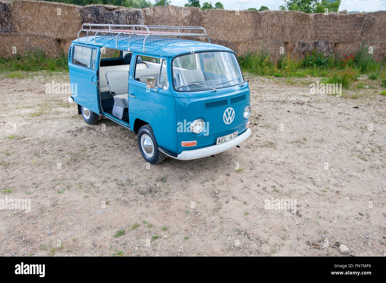 Blue VW Type 2 Bay Window bus on Swedish number plates Stock Photo - Alamy