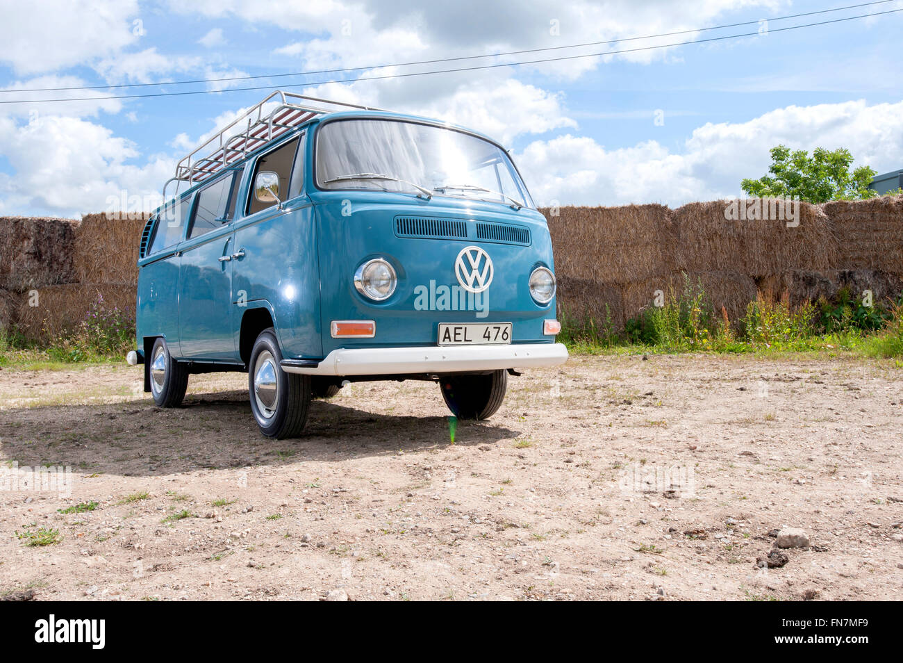 Blue VW Type 2 Bay Window bus on Swedish number plates Stock Photo - Alamy