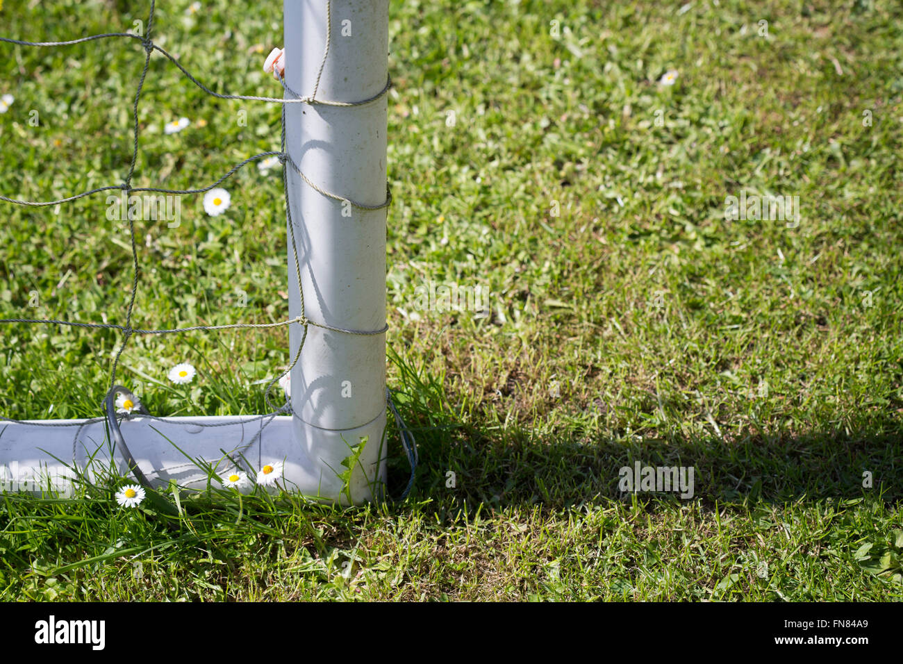 Detail of a child's plastic goal post set in a grassy flower strewn ...