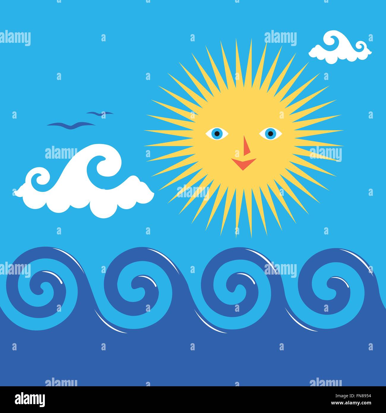 Sun and wavy sea. Summer background with sun and blue sea. Vector ...