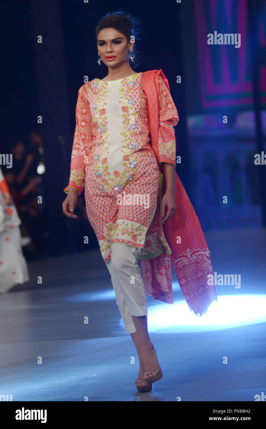 Lahore, Pakistan. 13th Mar, 2016. Pakistani model presents creations of ...