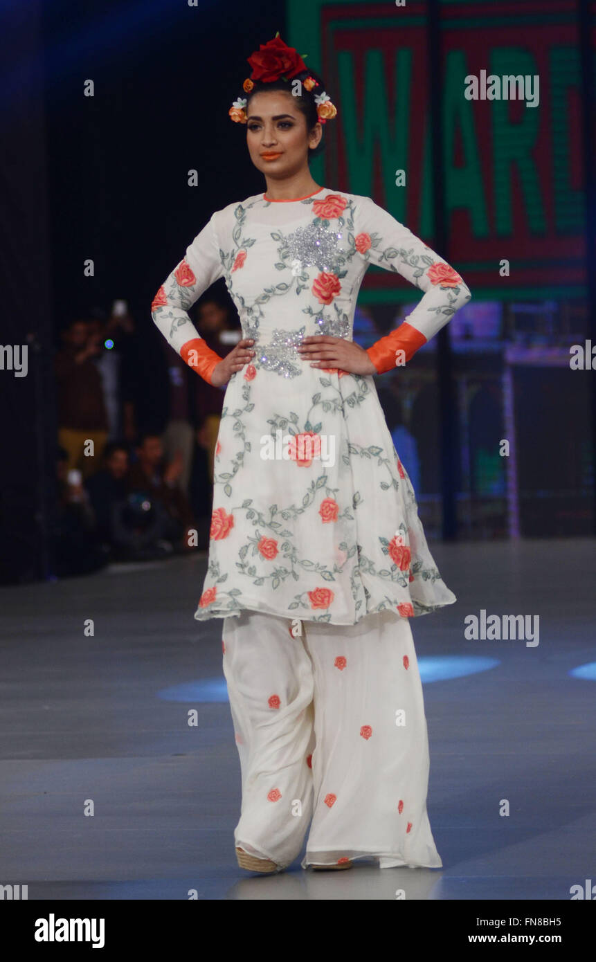 Lahore, Pakistan. 13th Mar, 2016. Pakistani model presents creations of ...