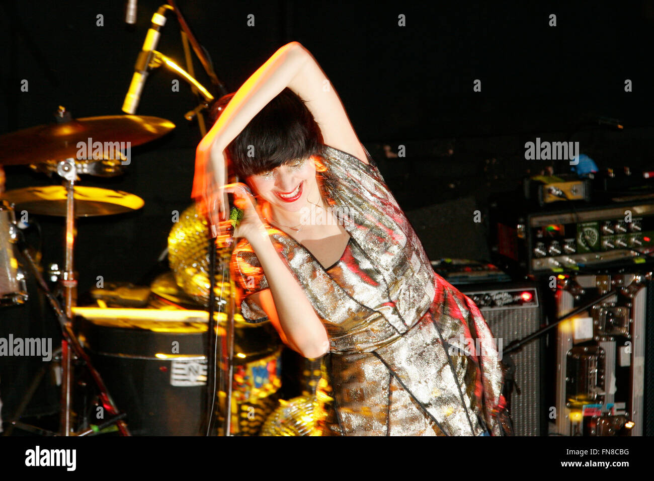 Karen O lead singer in the Yeah Yeah Yeahs performing at the Bowery ...