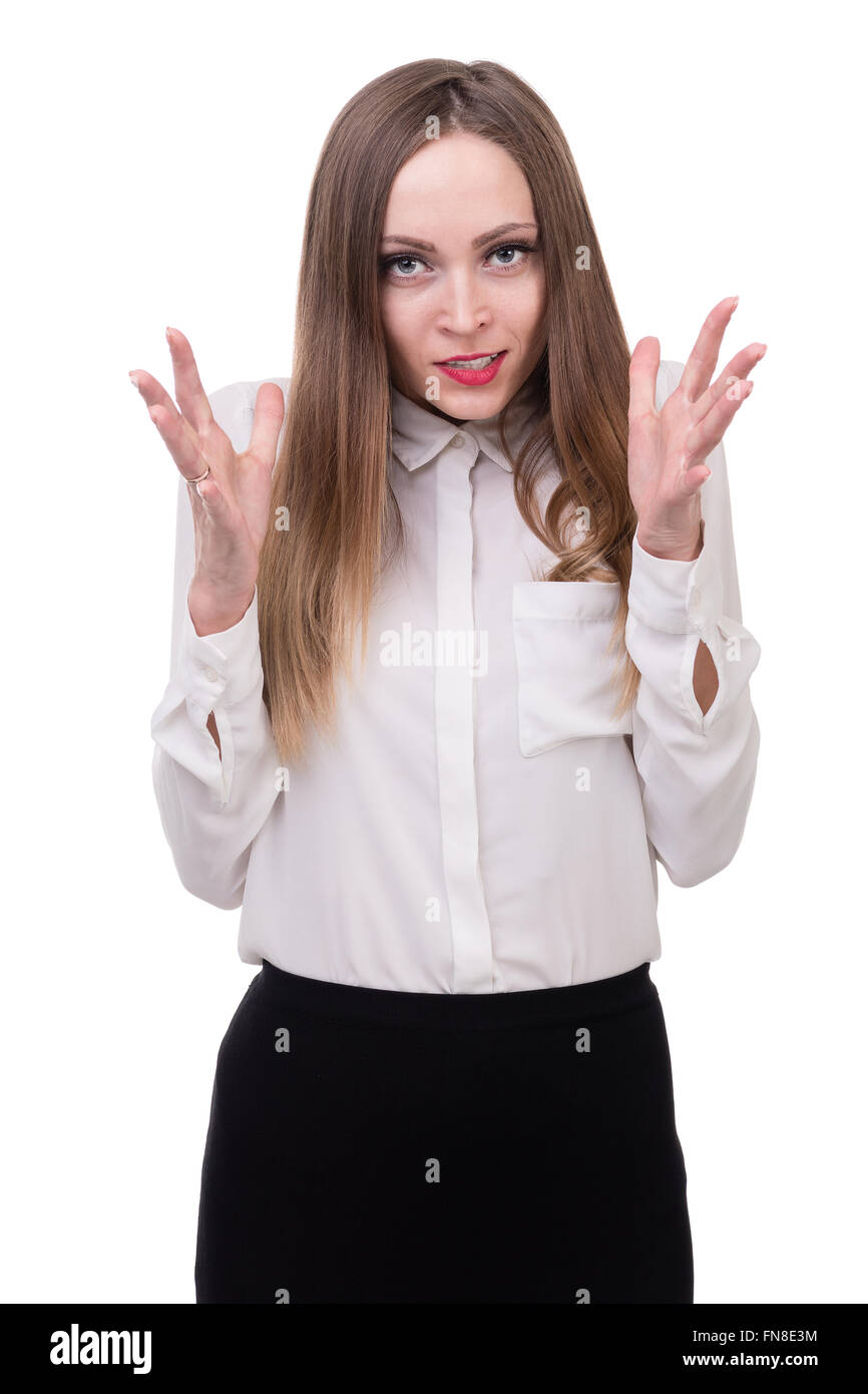 Closeup portrait of sad and angry woman isolated on white Stock Photo ...