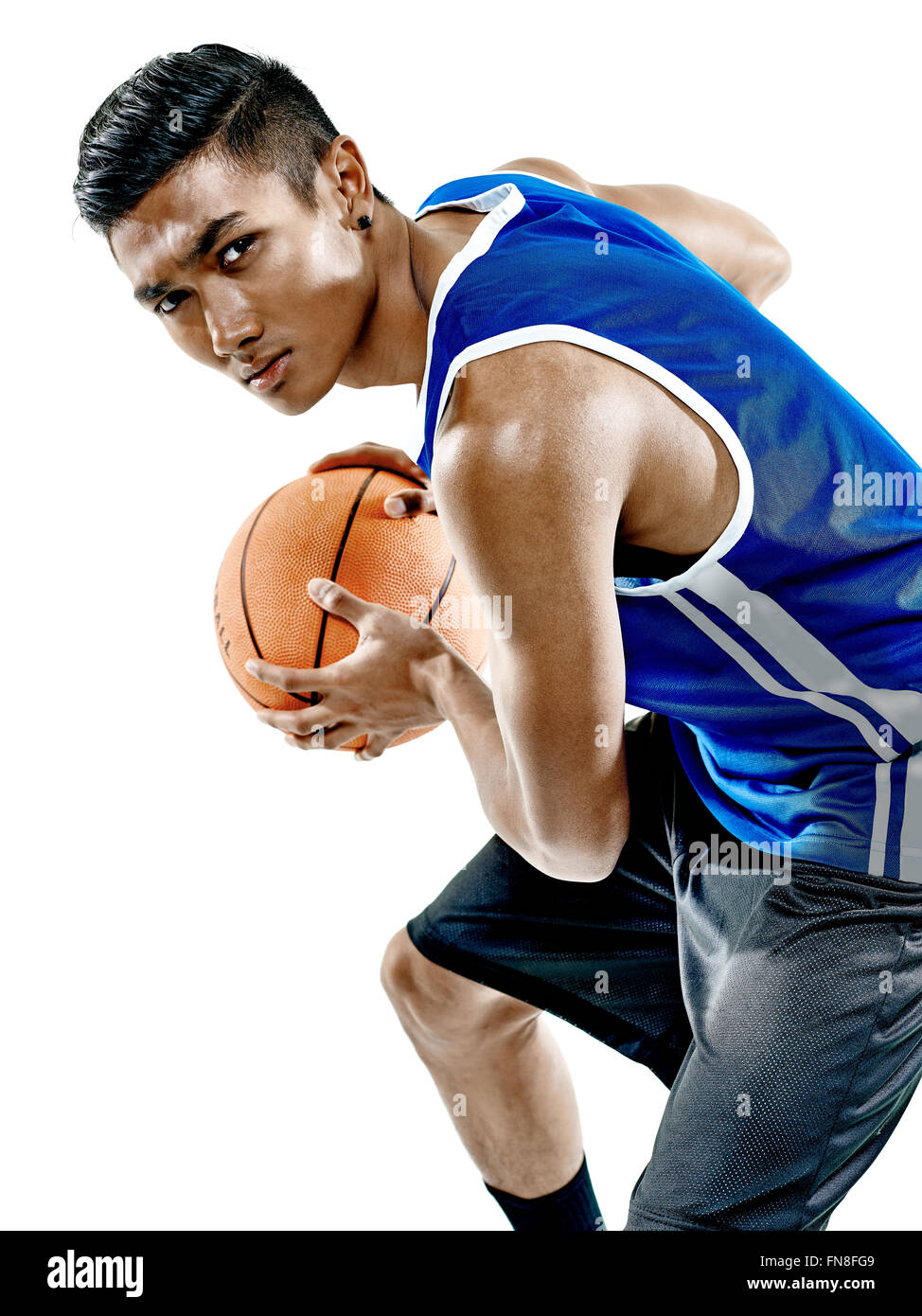 one basketball player man Isolated on white background Stock Photo - Alamy
