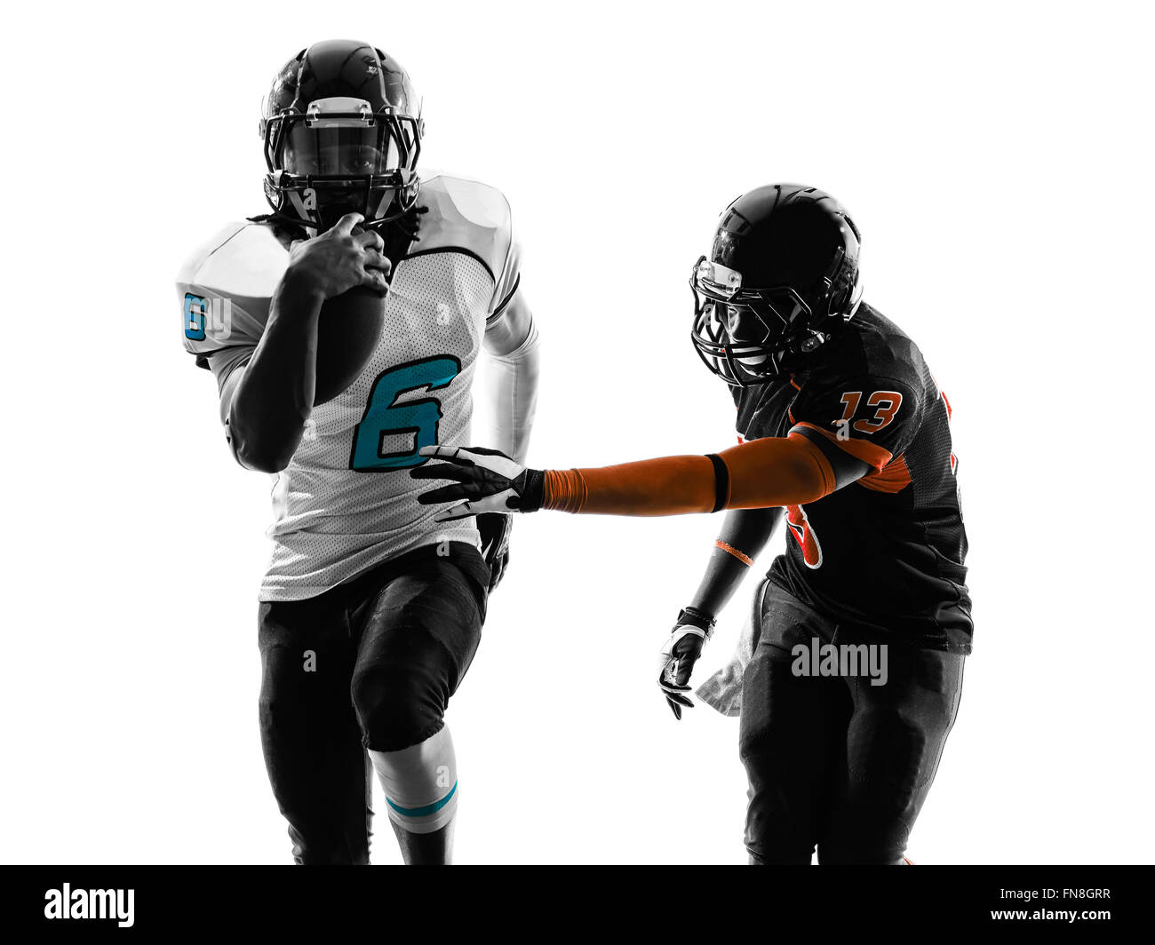 two american football players running in silhouette shadow on white ...