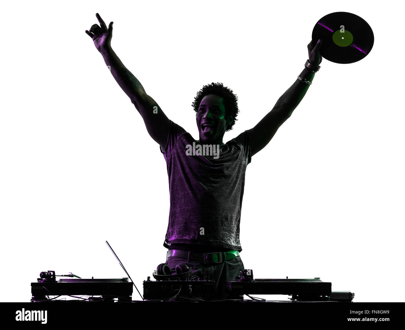 one disc jockey man happy joy arms raised in silhouette on white ...