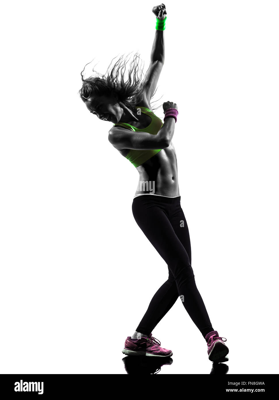 one woman exercising fitness zumba dancing in silhouette on white ...