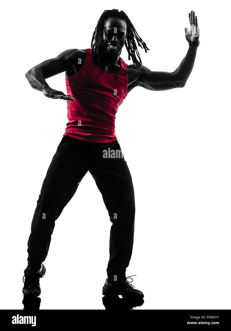 one african man exercising fitness zumba dancing in silhouette on white ...