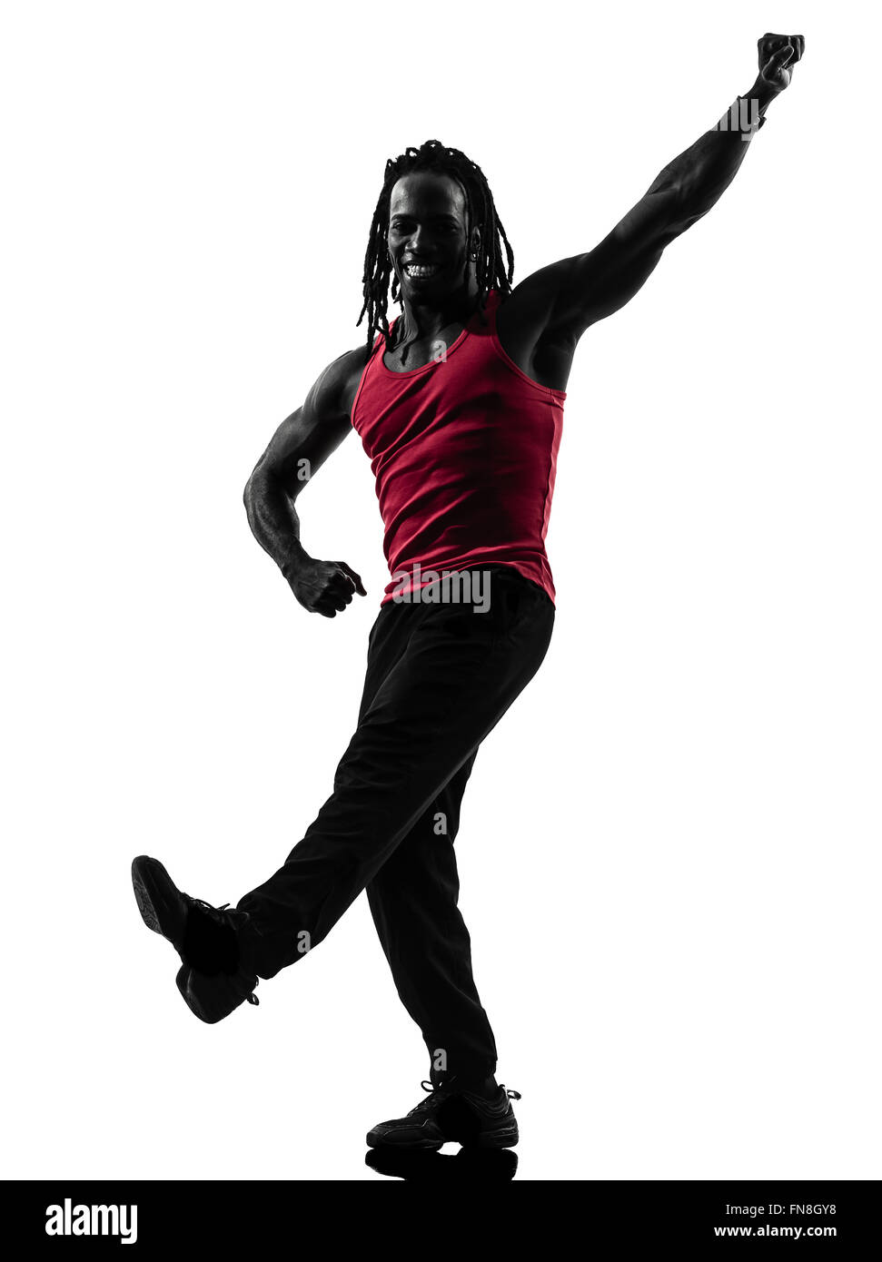 one african man exercising fitness zumba dancing in silhouette on white ...