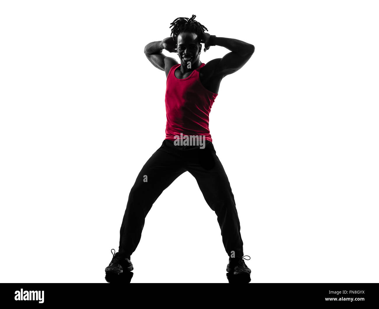 one african man exercising fitness zumba dancing in silhouette on white ...