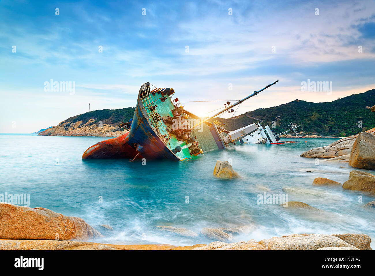 shipwreck or wrecked cargo ship abandoned on sea bay Stock Photo - Alamy