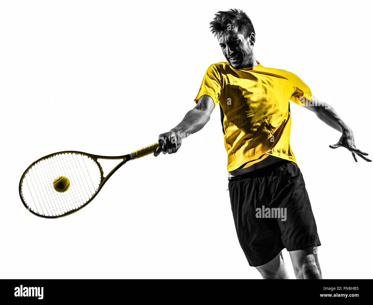 one man tennis player portrait in silhouette on white background Stock ...