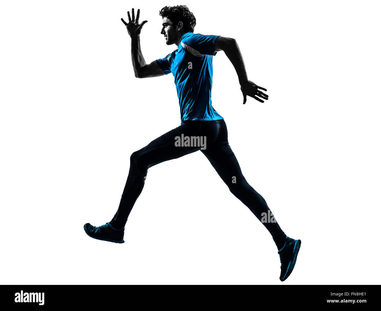 one man running sprinting jogging in silhouette studio isolated on ...