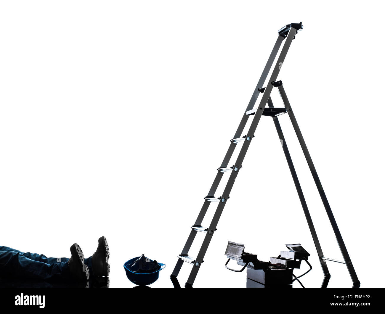 one manual worker man accident falling from ladder in silhouette on ...