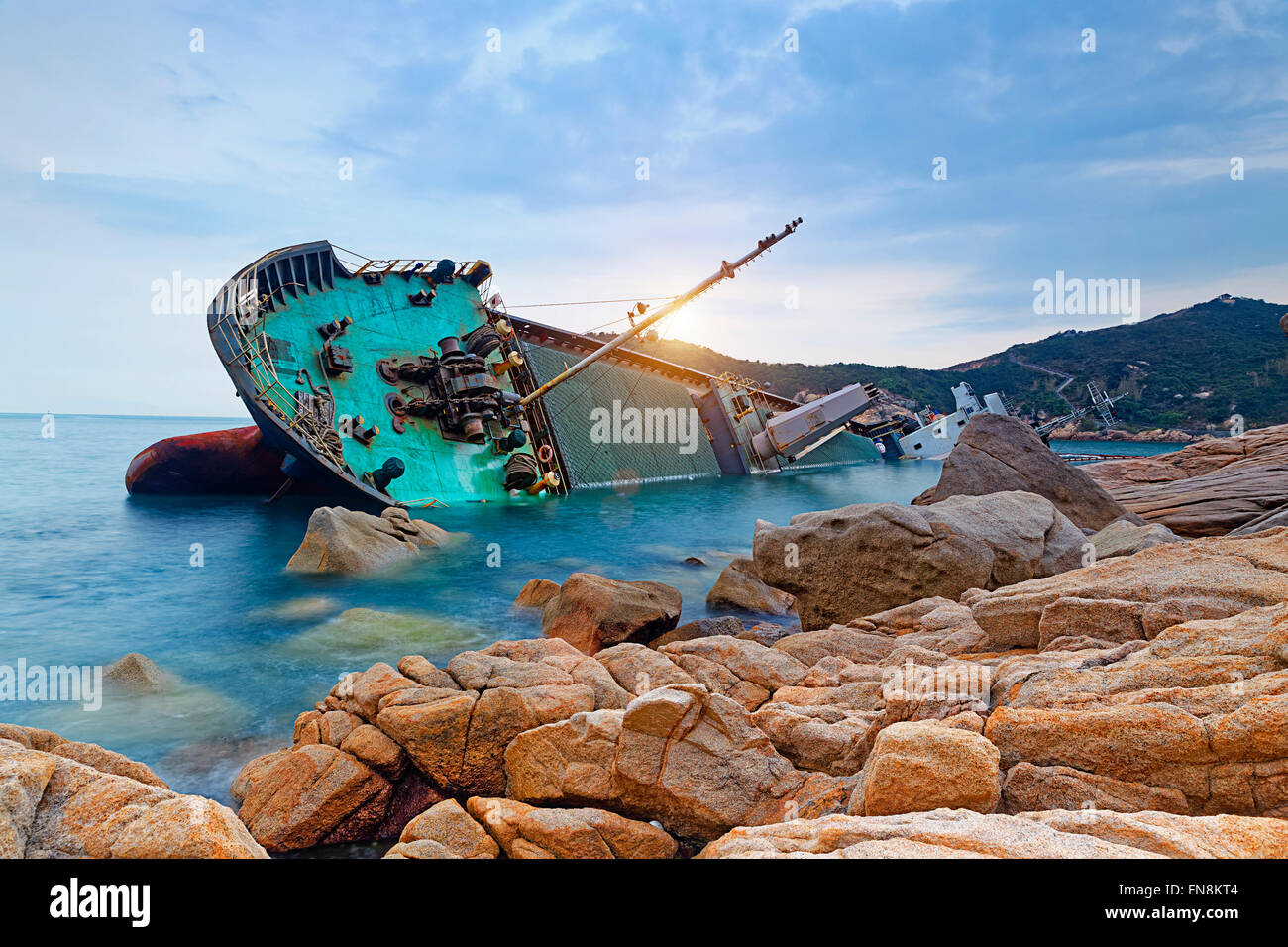 shipwreck or wrecked cargo ship abandoned on sea bay Stock Photo - Alamy