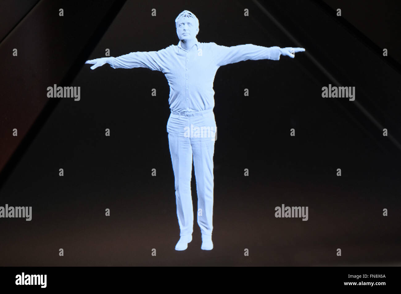 An avatar as a hologram can be seen at the stand of Hewlett Packard ...