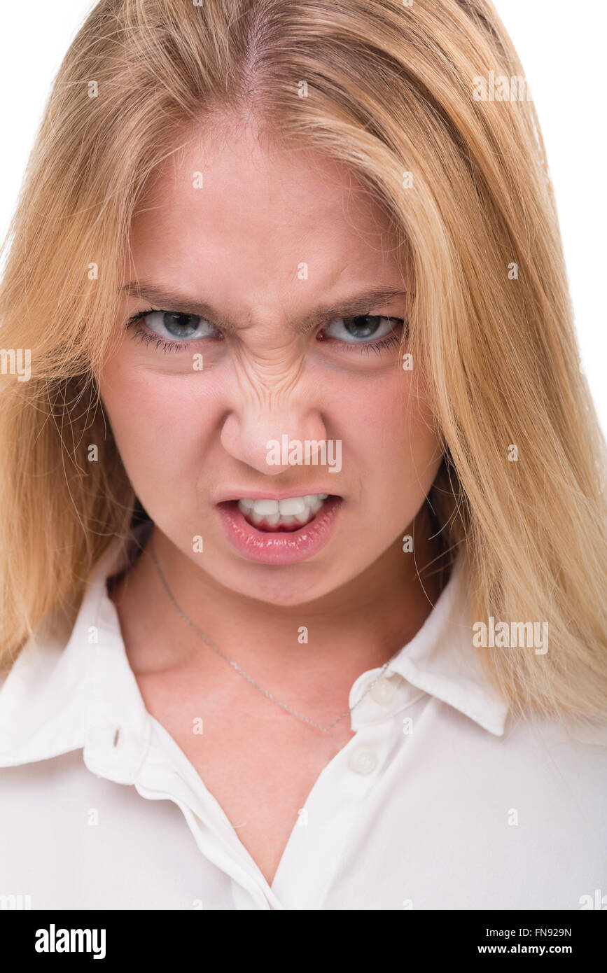 Closeup portrait of sad and angry woman isolated on white Stock Photo ...