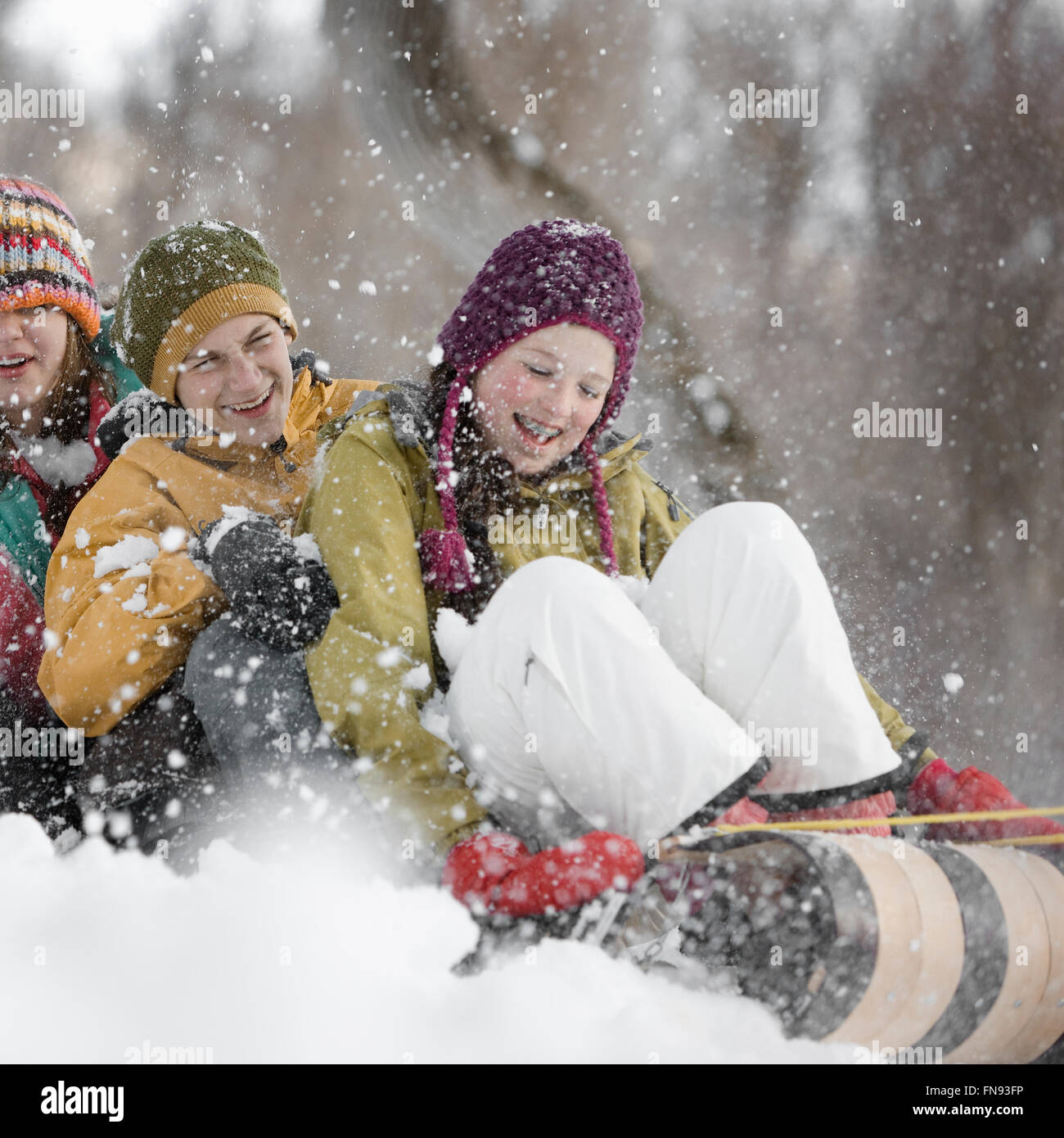 Three children seated on a sledge sliding down a snow slope Stock Photo ...