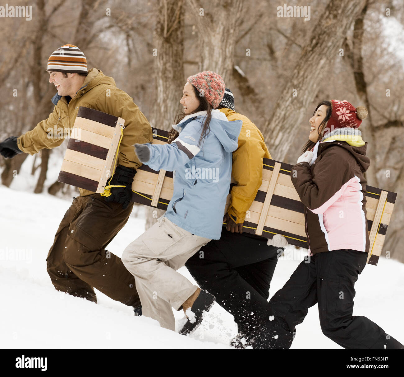 Four young people carrying a wooden sledge across the snow Stock Photo ...