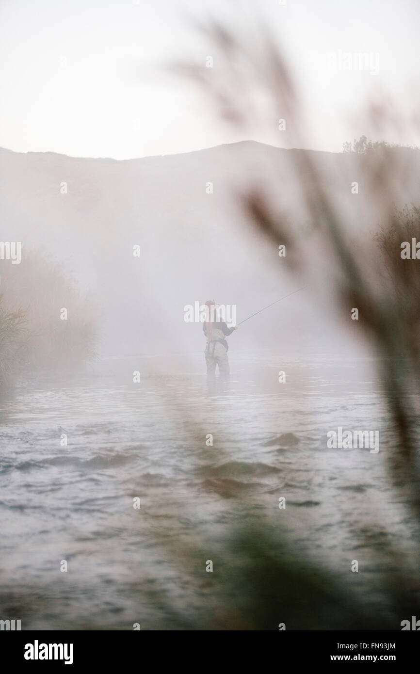 A woman fisherman fly fishing, standing in waders in thigh deep water ...