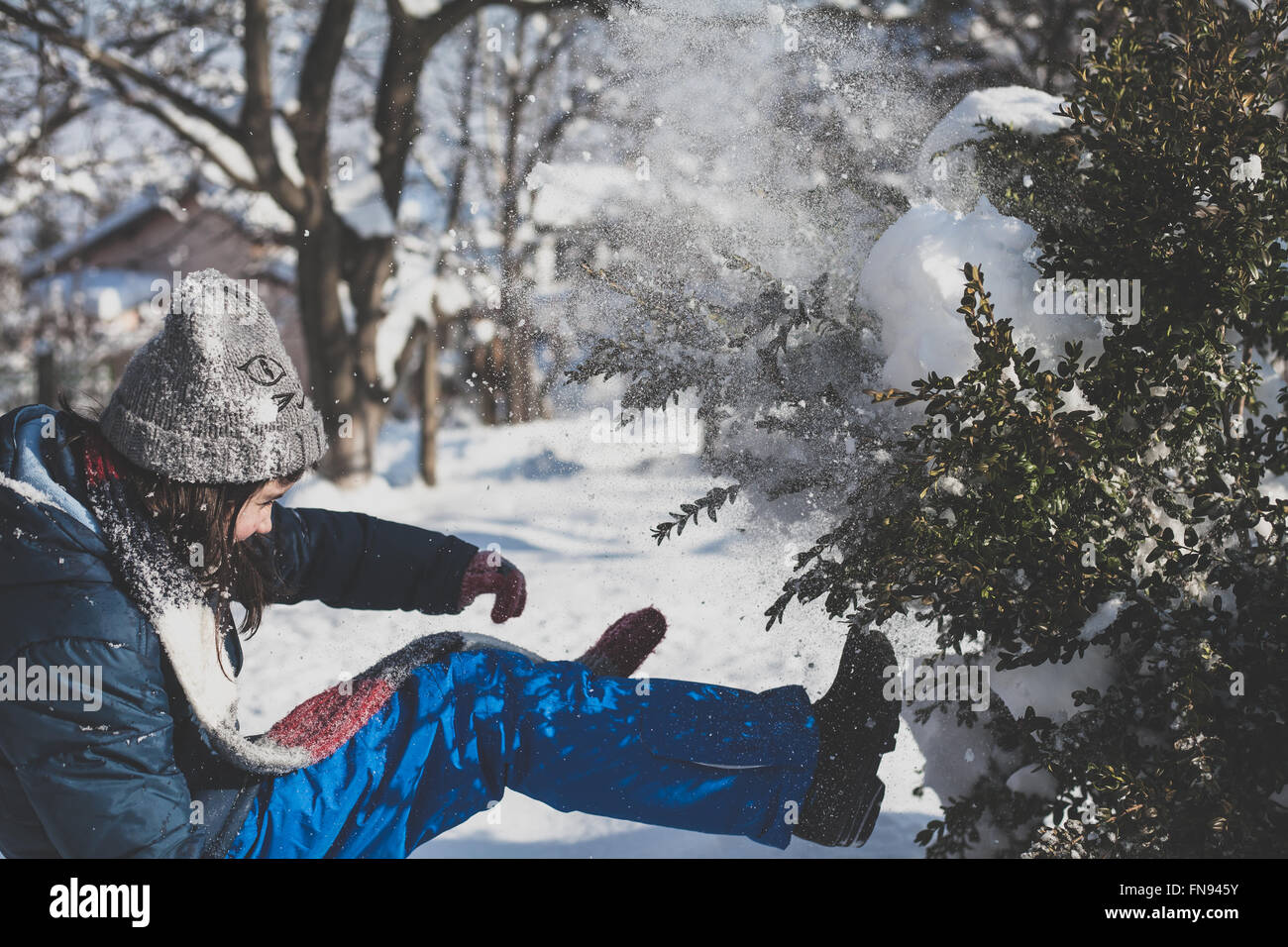 Girl kicking snow off a tree Stock Photo - Alamy