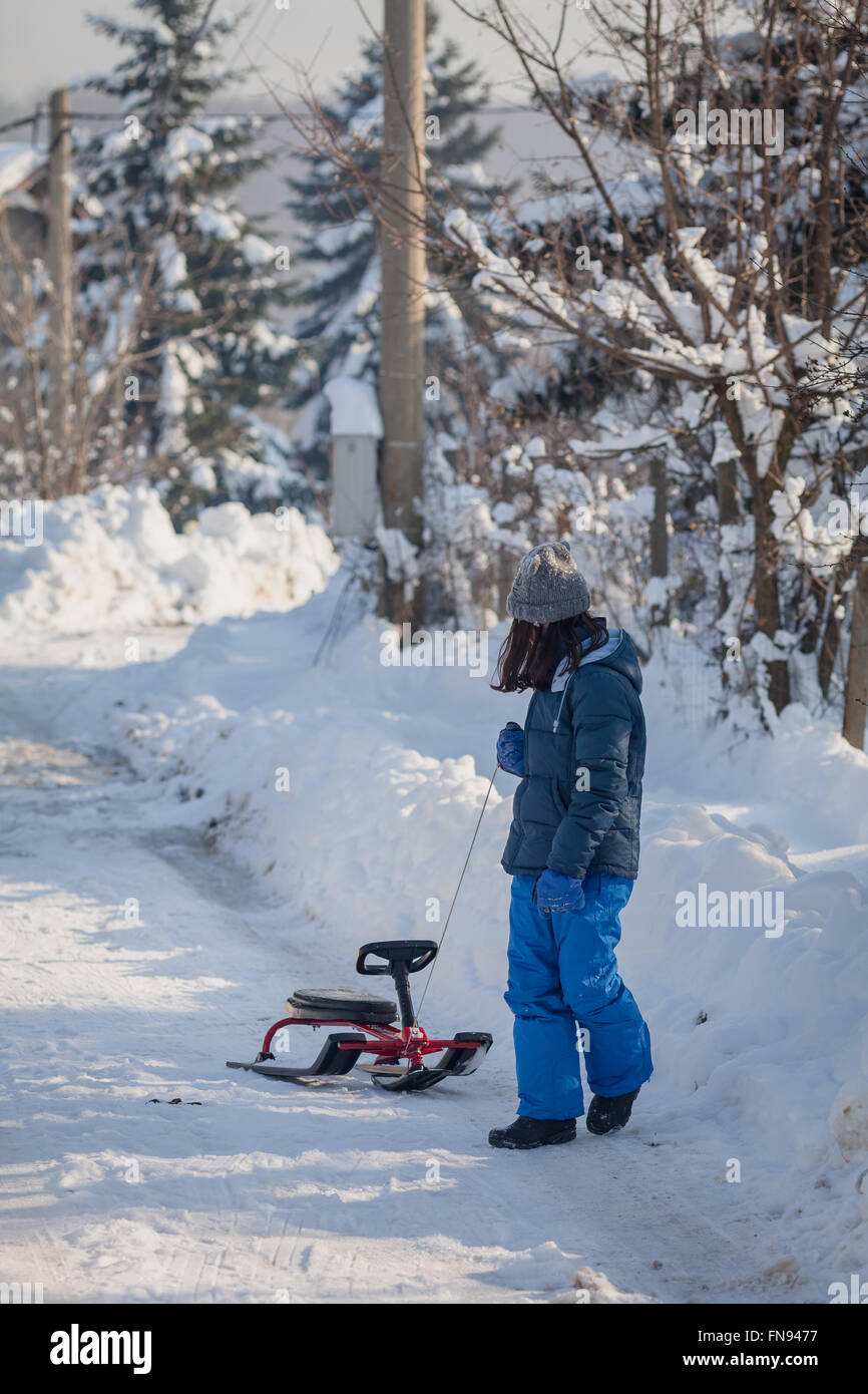 Girl pull a sledge in the snow Stock Photo - Alamy