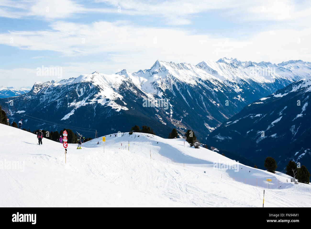 MAYRHOFEN, AUSTRIA : MARCH 22, 2016:View of Mayrhofen Ski resort area ...