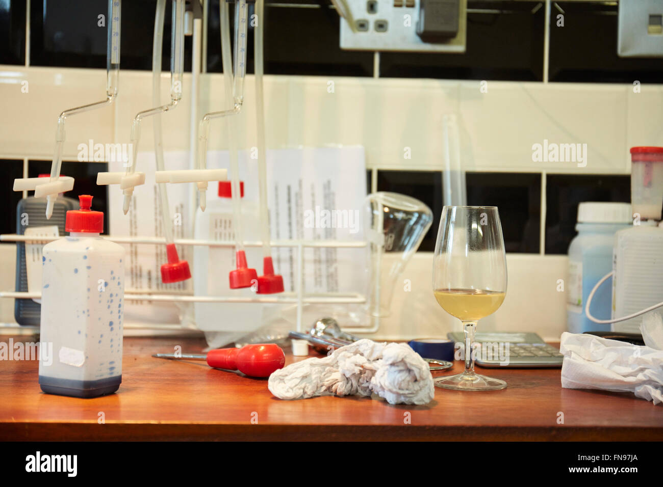 A winery laboratory. A worktop with flasks and tubes, a glass of wine ...