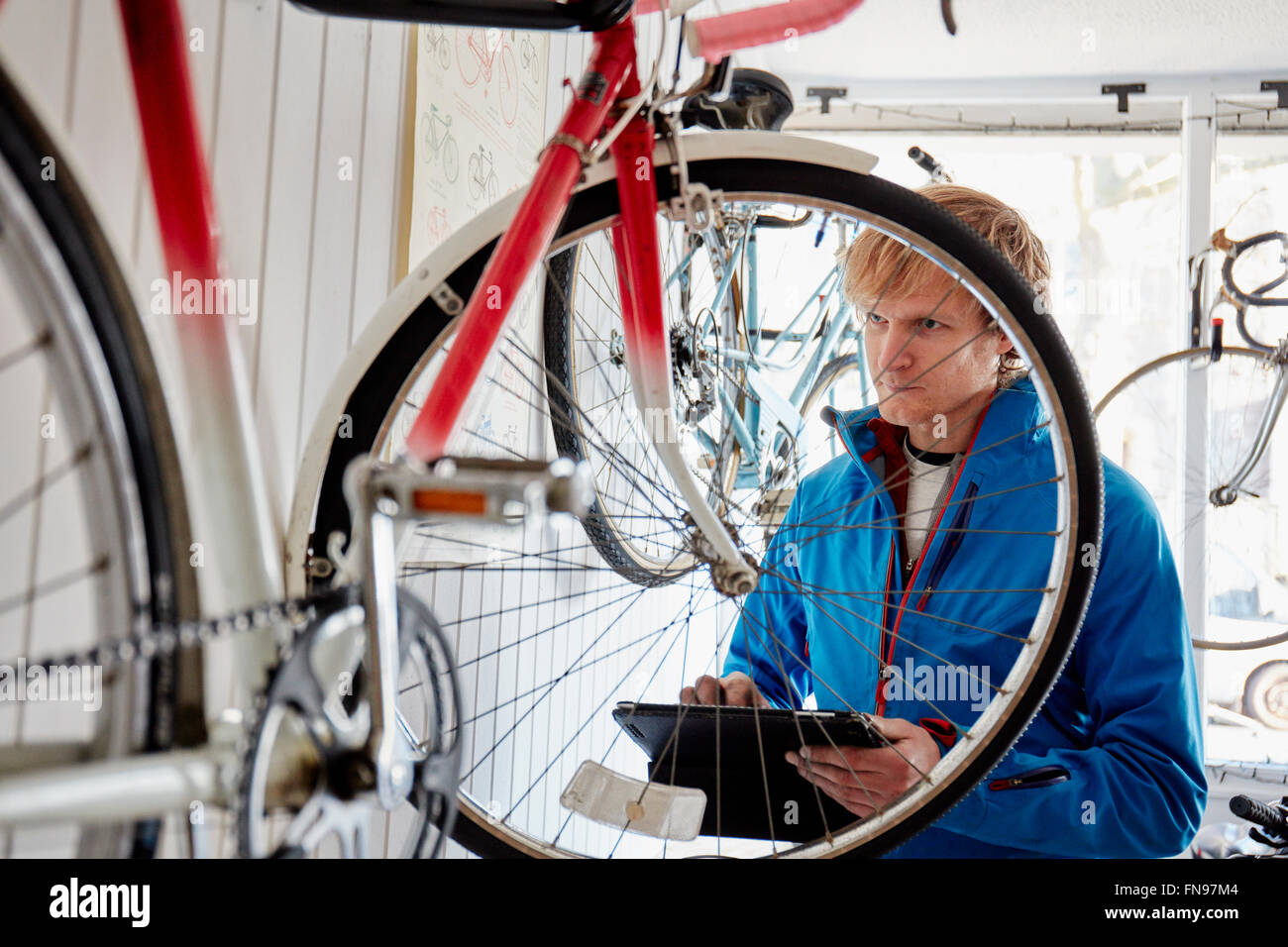 A young man working in a cycle shop, repairing a bicycle Stock Photo ...