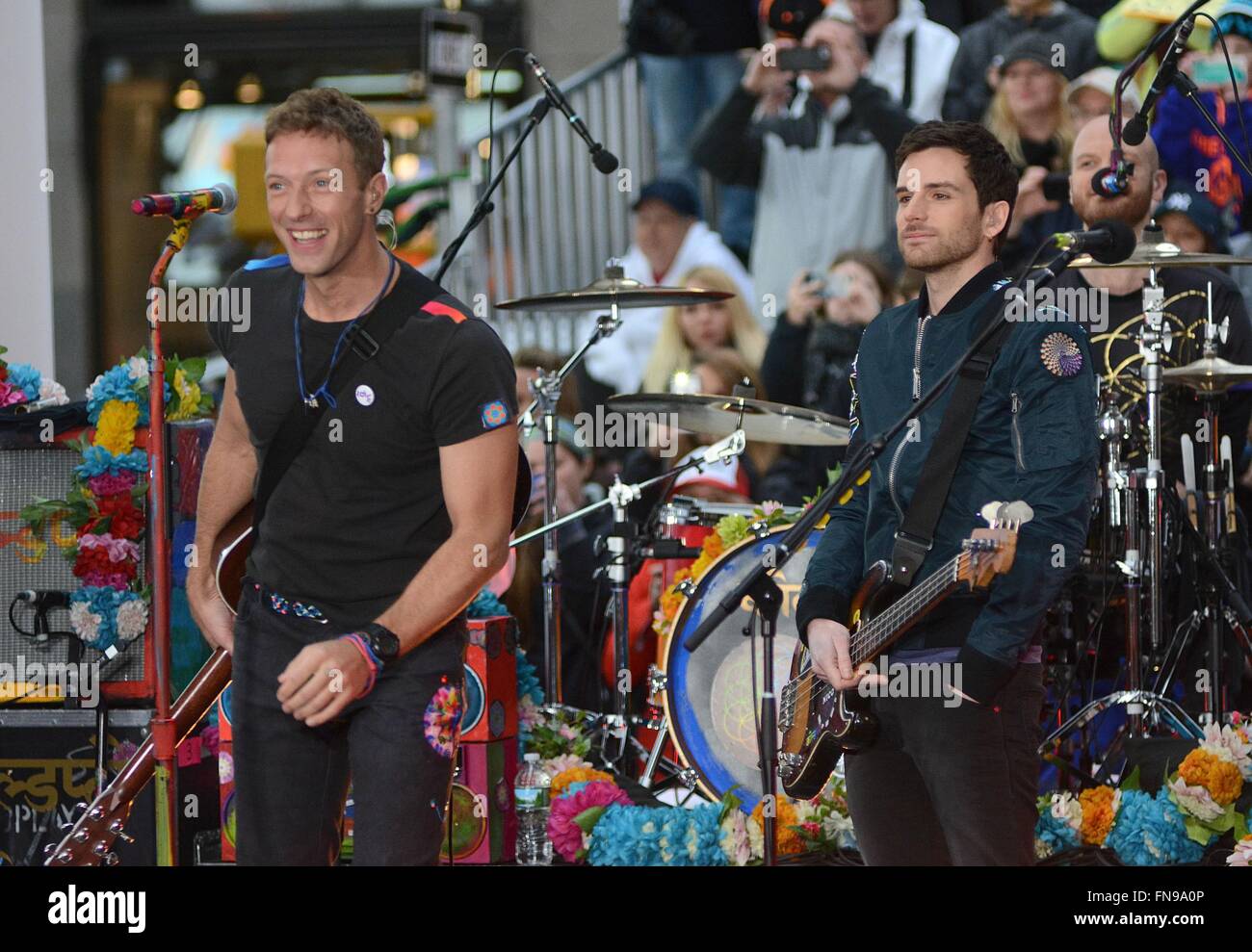 New York, NY, USA. 14th Mar, 2016. Chris Martin, Guy Berryman on stage ...