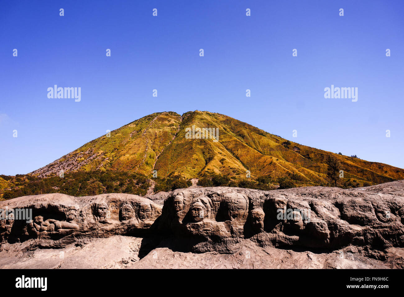 Face of Tengger tribe carving on volcanic sand sedimentation Stock ...