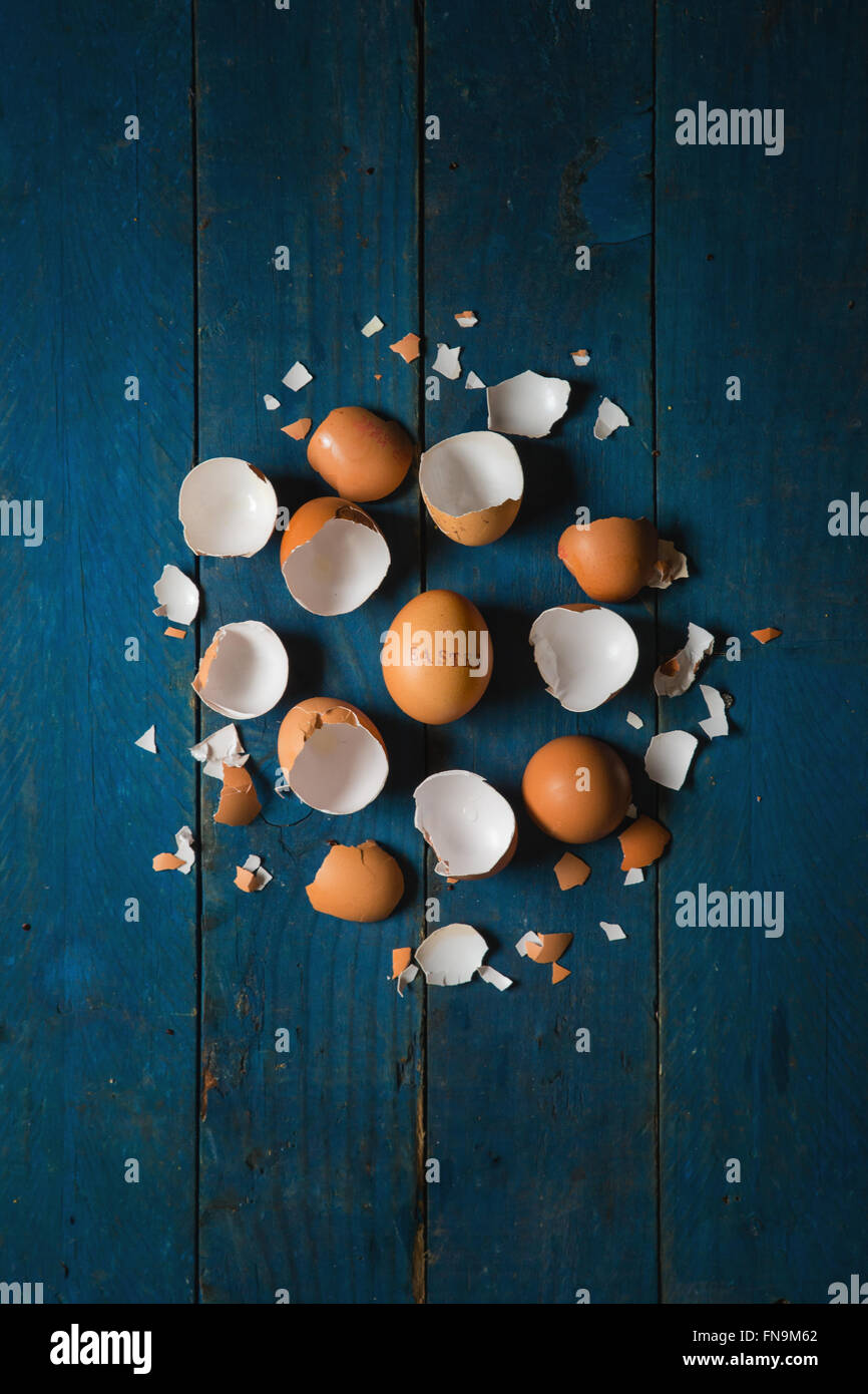 Easter egg shells on table Stock Photo - Alamy