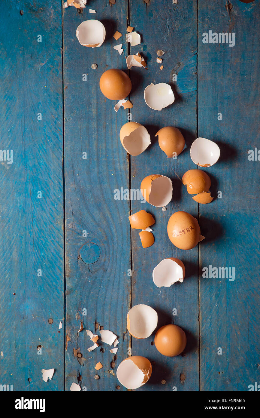 Easter egg shells on table Stock Photo - Alamy