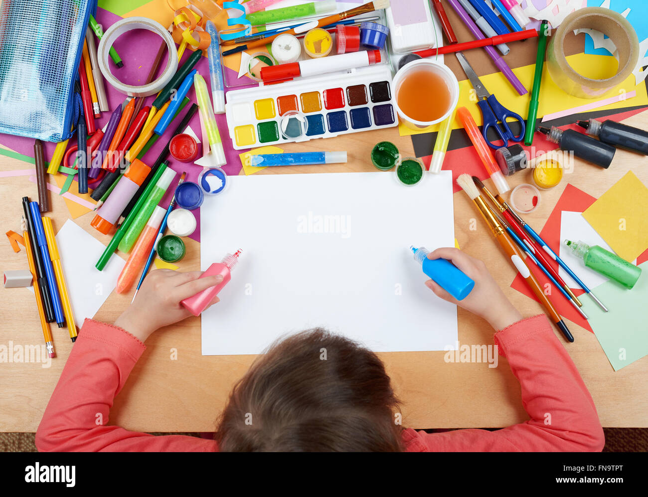 Child drawing top view. Artwork workplace with creative accessories ...