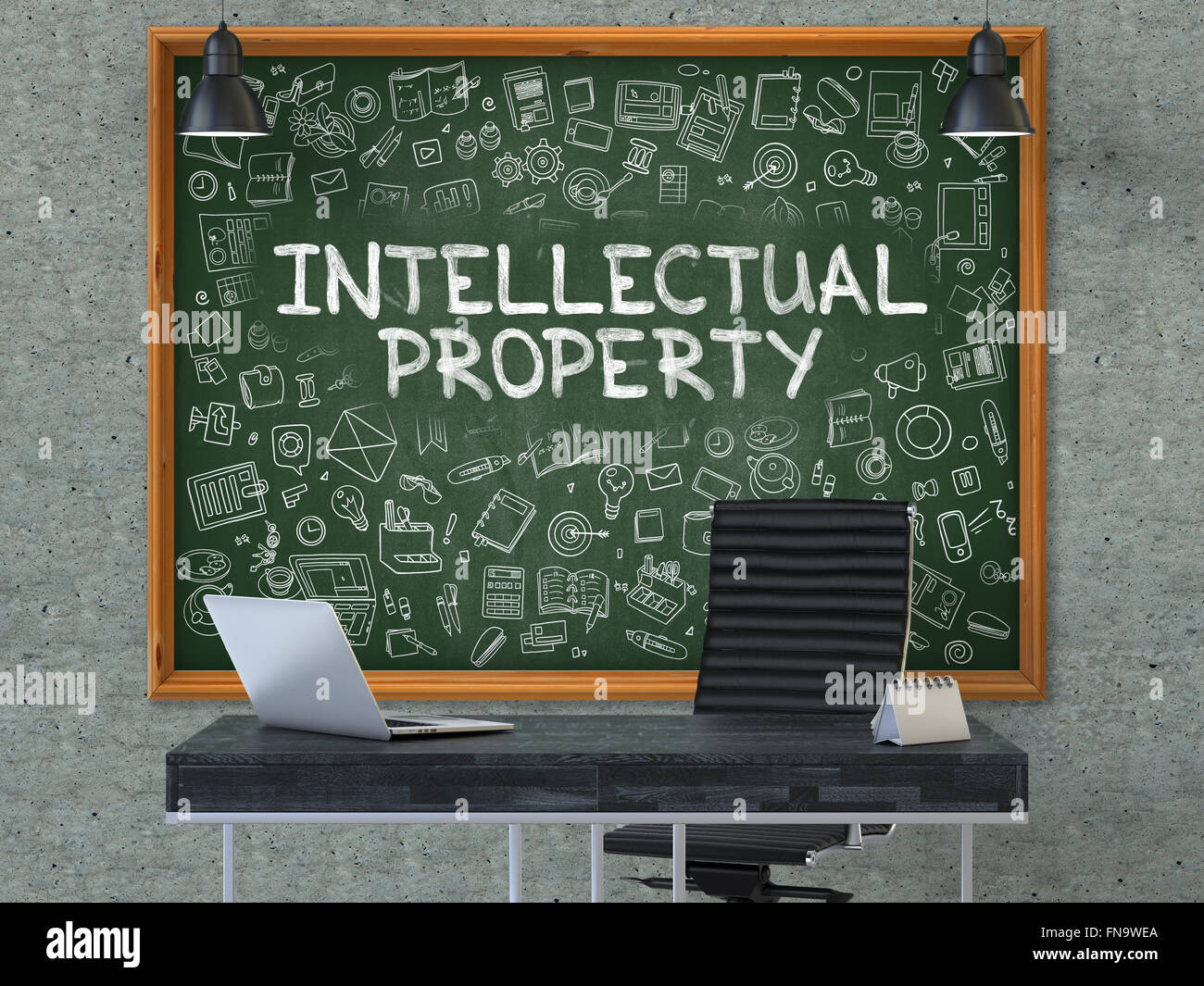 Intellectual Property on Chalkboard with Doodle Icons Stock Photo - Alamy