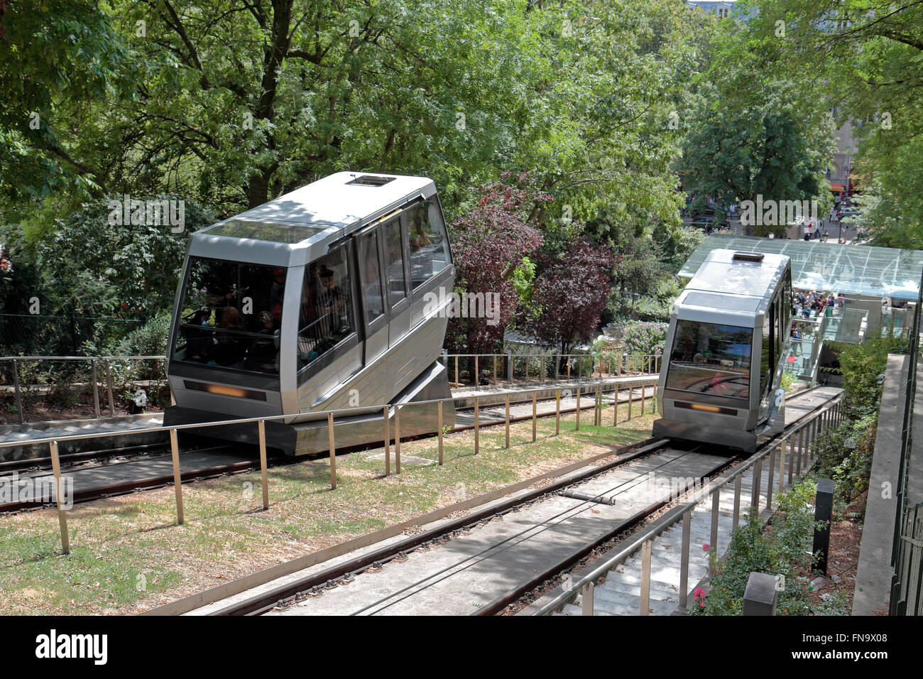 The Montmartre funicular trains up to Sacre Coeur in Paris, France ...