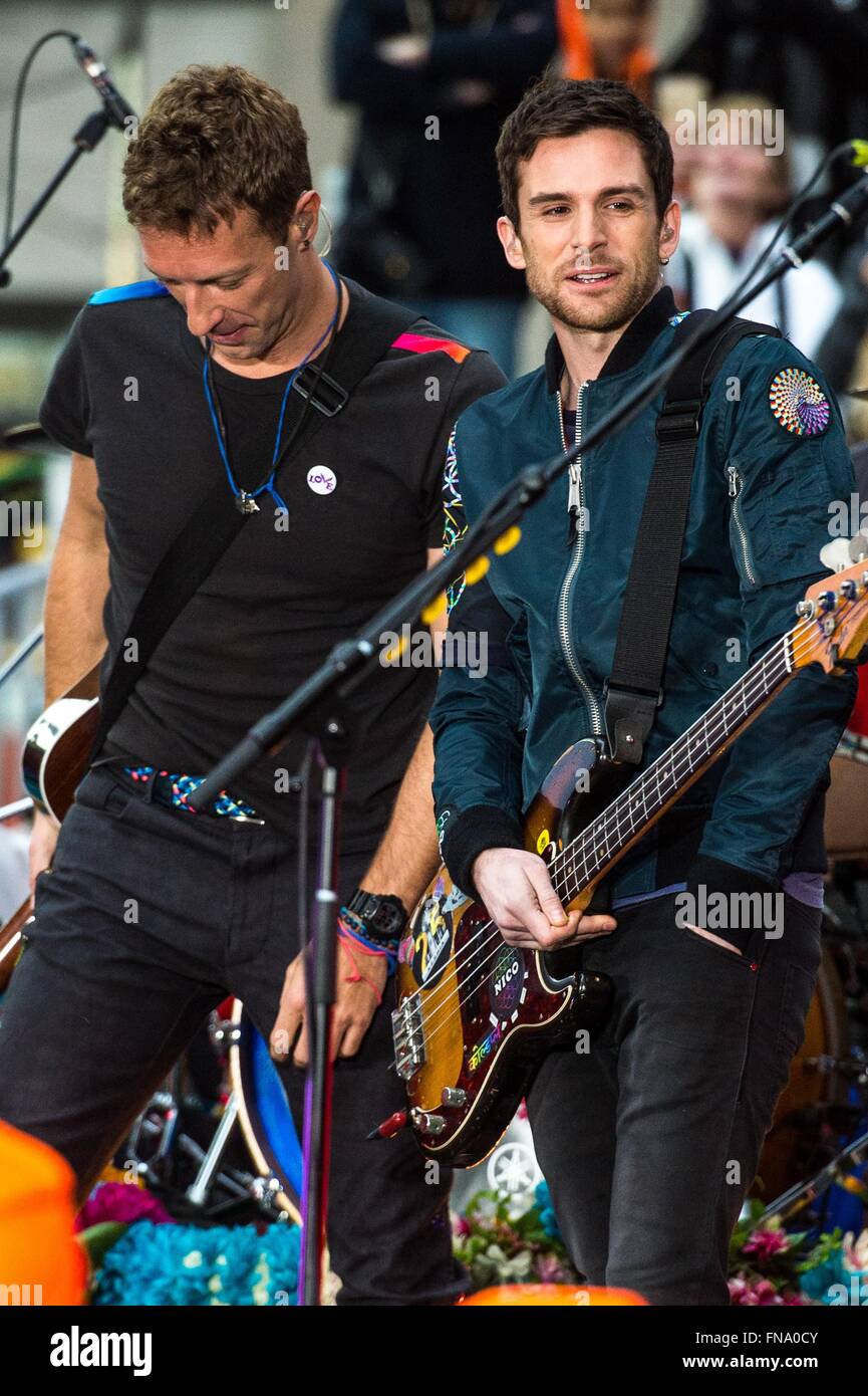 New York, NY, USA. 14th Mar, 2016. Chris Martin, Guy Berryman on stage ...
