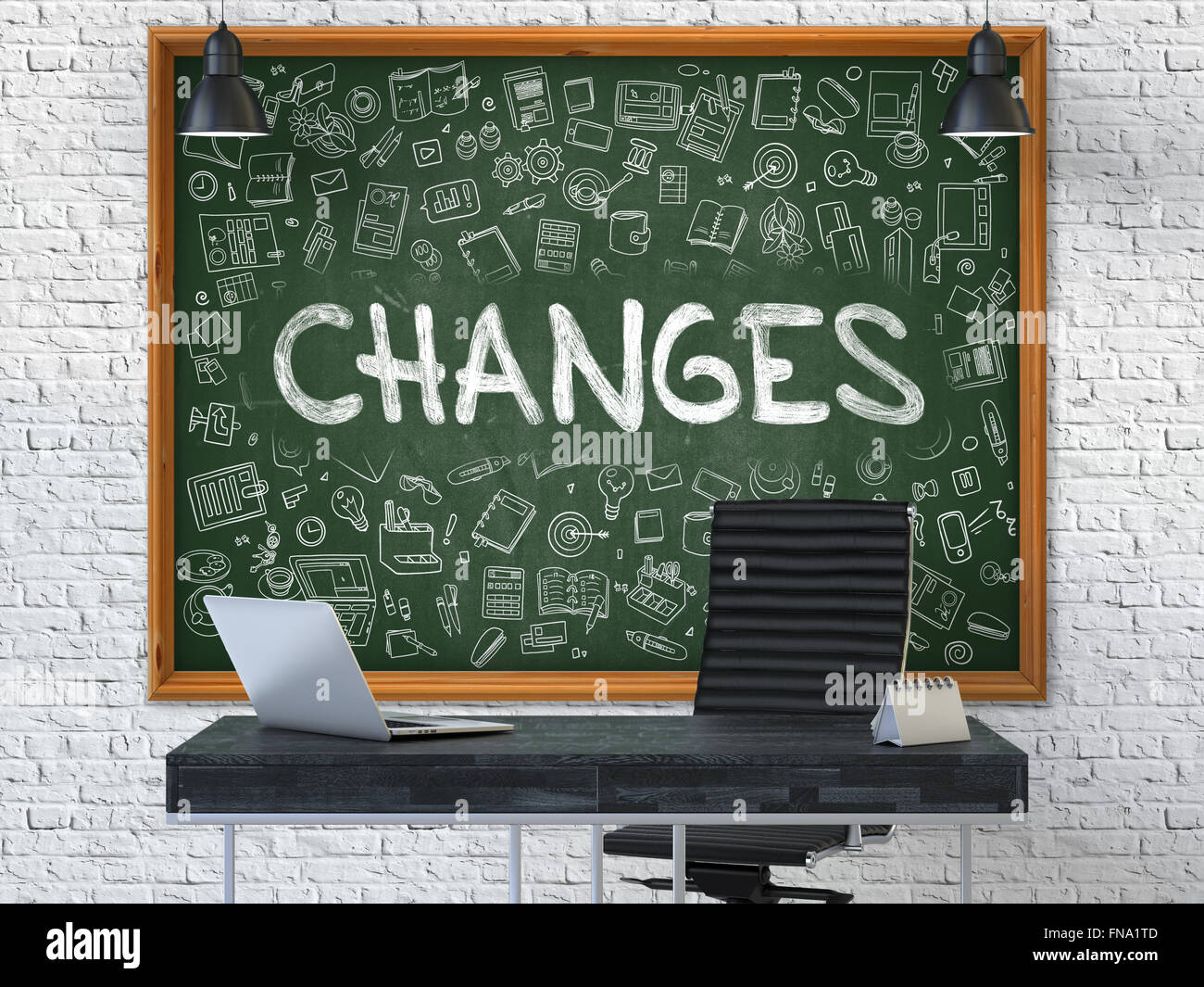 Changes on Chalkboard with Doodle Icons Stock Photo - Alamy