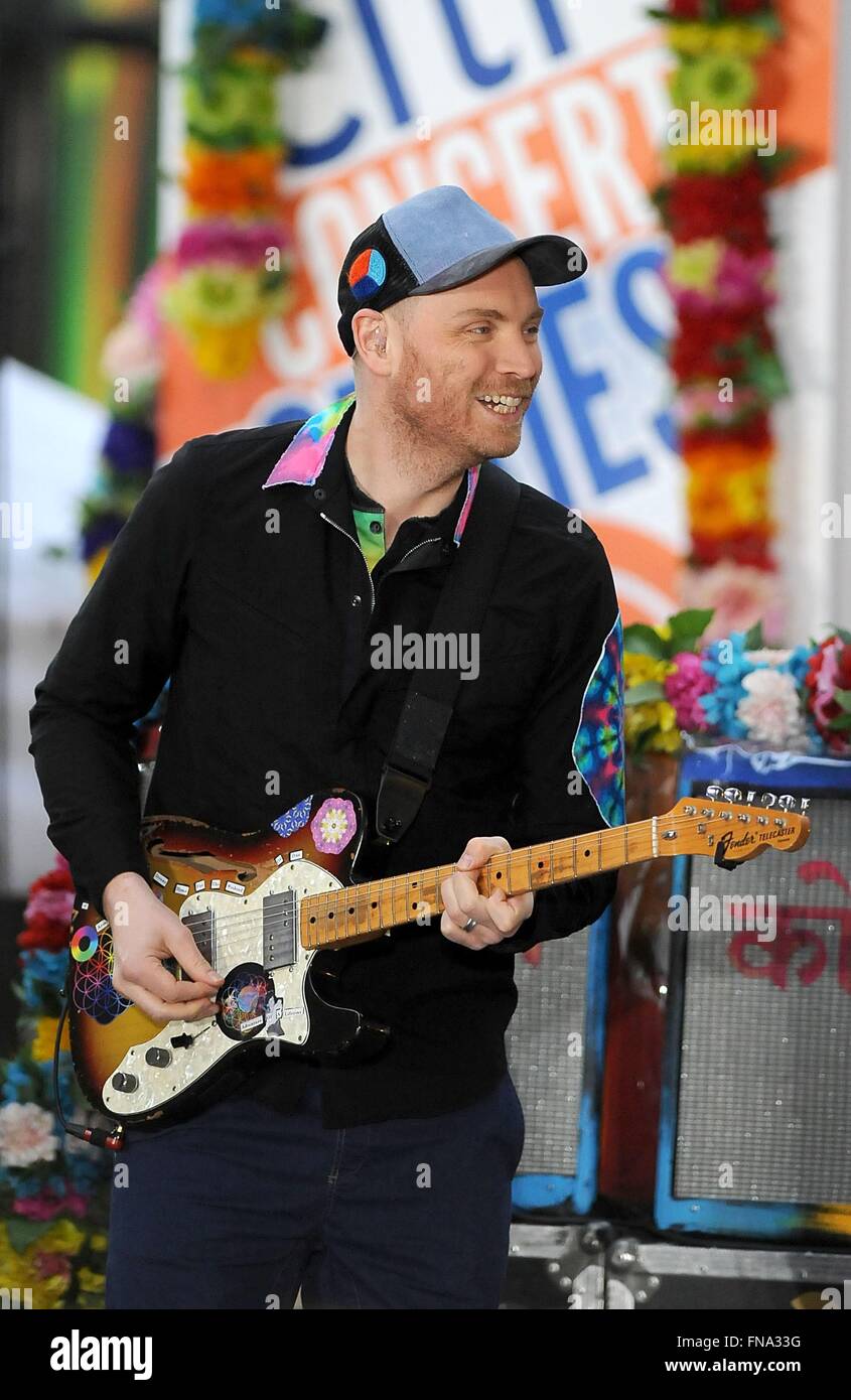 New York, NY, USA. 14th Mar, 2016. Jonny Buckland, Coldplay on stage ...
