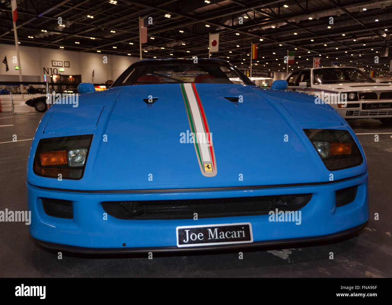 Front view of a blue Ferrari F40 on display at the 2016 London Classic ...