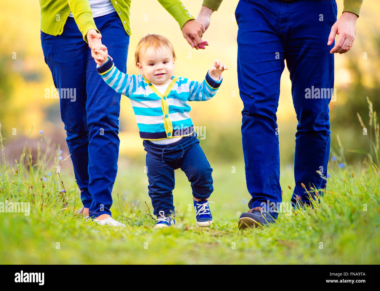 Parents holding hands of their son making first steps Stock Photo - Alamy