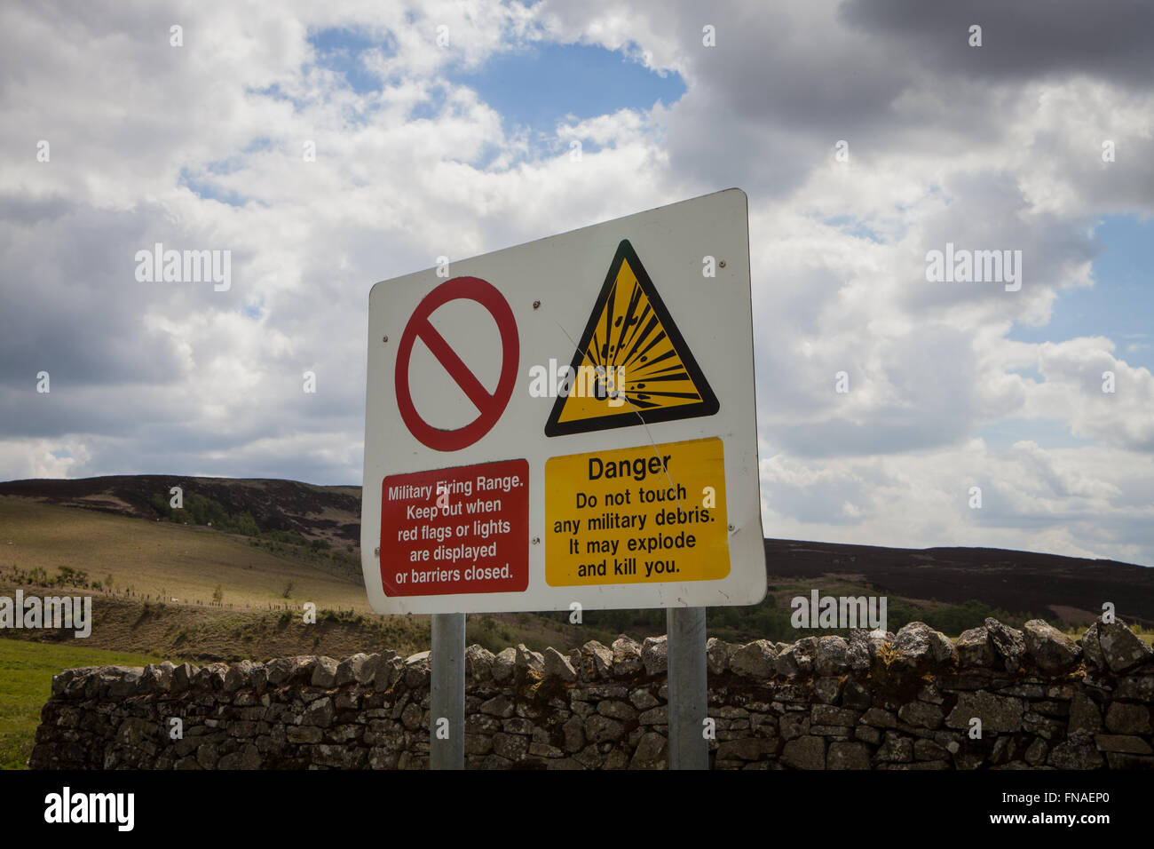 Danger sign warning of MOD debris Stock Photo - Alamy