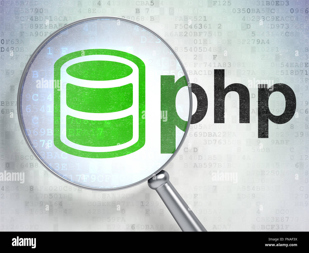 Database concept: Database and Php with optical glass Stock Photo - Alamy