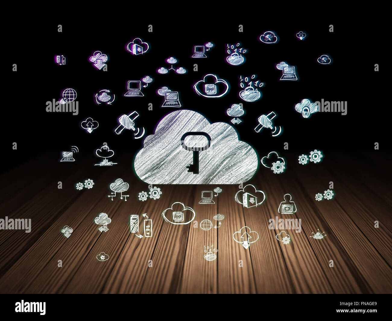 Cloud computing concept: Cloud With Key in grunge dark room Stock Photo ...