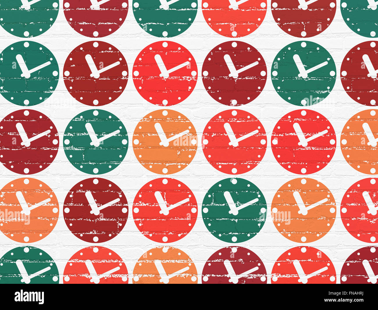 Timeline concept: Clock icons on wall background Stock Photo - Alamy