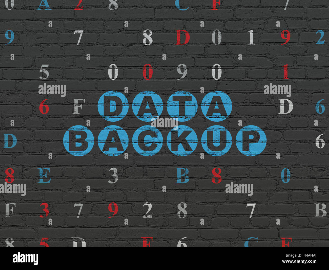 Data concept: Painted blue text Data Backup on Black Brick wall background with Hexadecimal Code ...